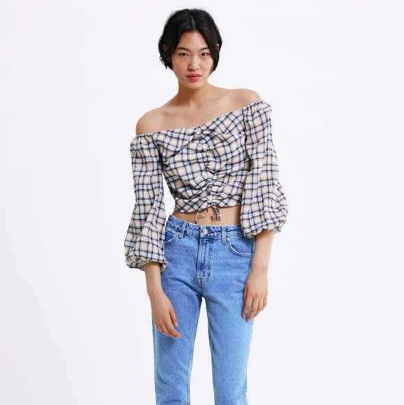 Zara | Tops | Nwt Zara Off Shoulder Plaid Ruched Top | Poshmark